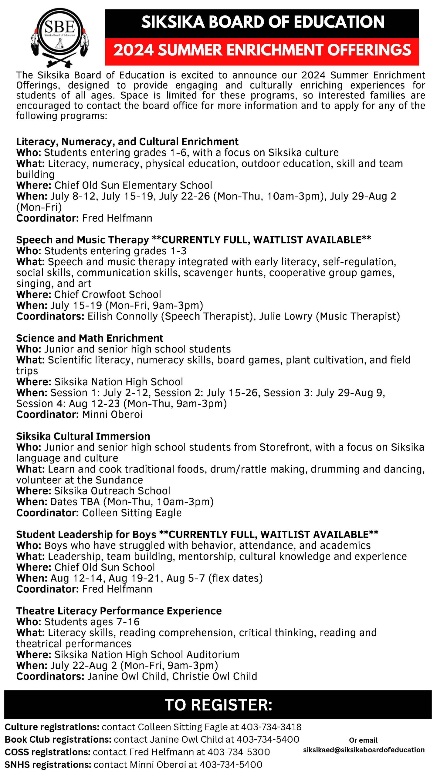 2024 Summer Enrichment Program Offerings – Siksika Board of Education