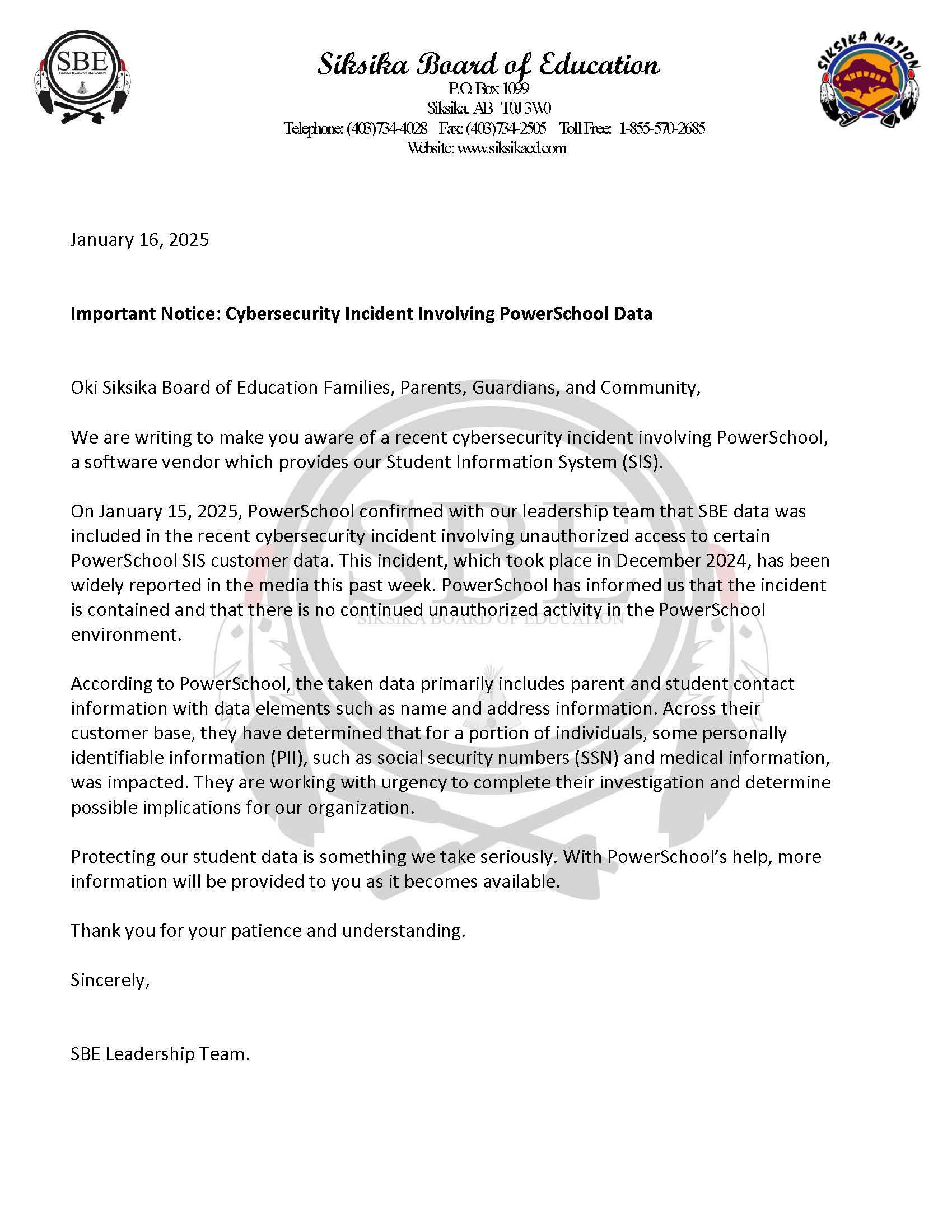 Important Notice: Cybersecurity Incident Involving PowerSchool Data ...